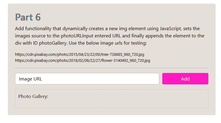 Solved Part 6 Add Functionality That Dynamically Creates A New Img Element Using Javascript