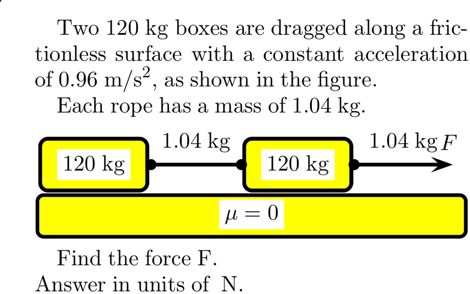 Two 120 kg boxes are dragged along a frictionless surface with a ...