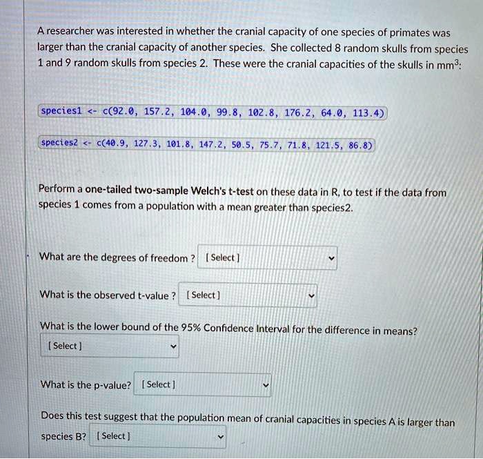 SOLVED: A researcher was interested in whether the cranial capacity of ...