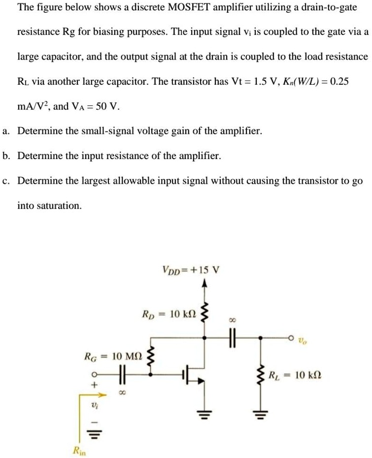 the figure below shows a discrete mosfet amplifier utilizing a drain to gate resistance rg for ...