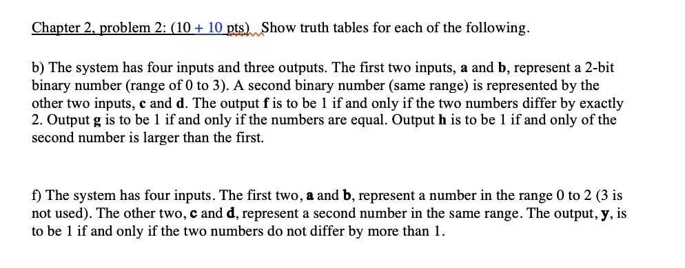 Chapter 2, problem 2: (10 + 10 pts) Show truth tables for each of the following. b) The system ...