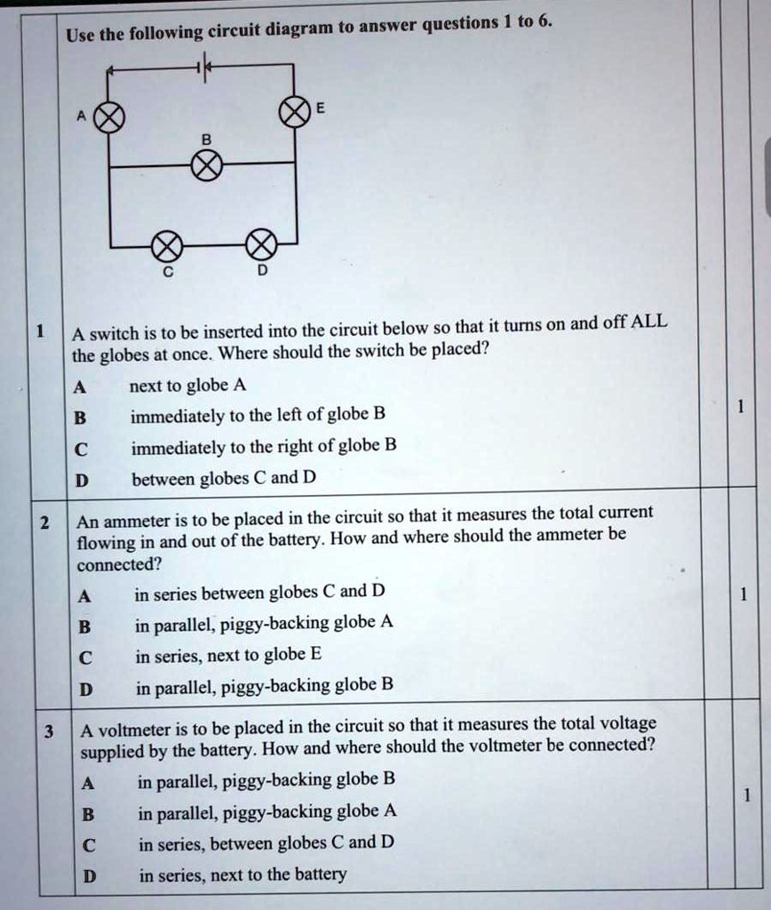 Use the following circuit diagram to answer questions 1 to 6. E A B C D 1 A switch is to be ...
