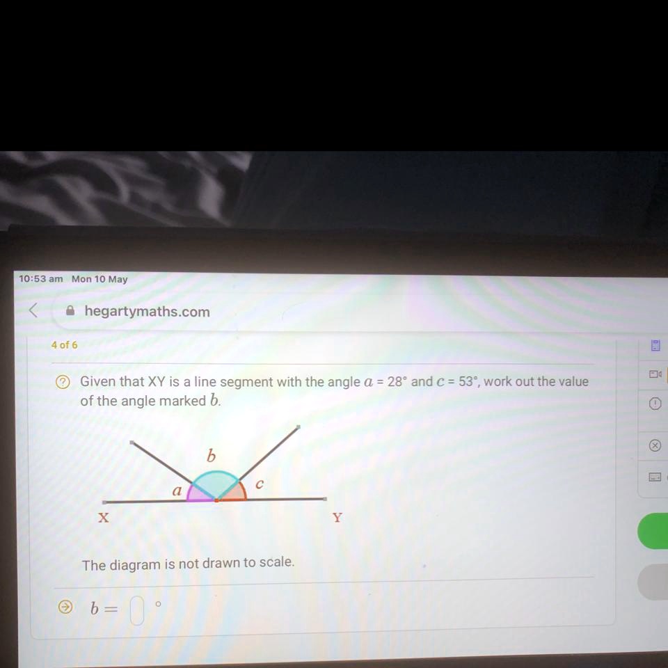 Given that XY is a line segment with the angle a = 28^∘ and c = 53^∘, work out the value of the ...