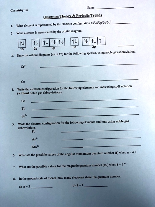 SOLVED: Text: Name; Chemistry IA Quantum Theory Periodic Trends ...