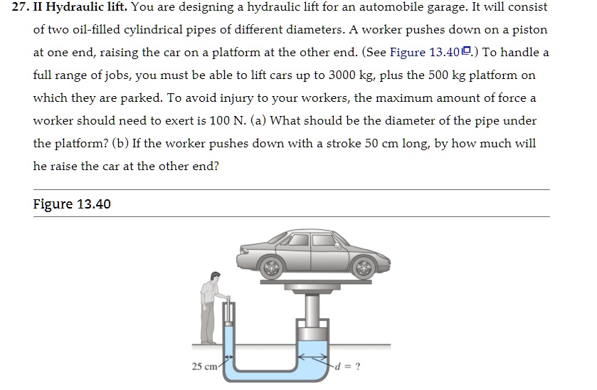 SOLVED: 27. II Hydraulic lift: You are designing a hydraulic lift for ...