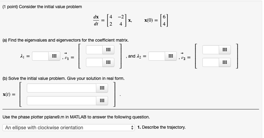 SOLVED: point) Consider the initial value problem X(o) [s] (a) Find the eigenvalues and ...