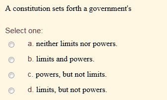 SOLVED: A constitution sets forth a government's Select one: 0 a ...
