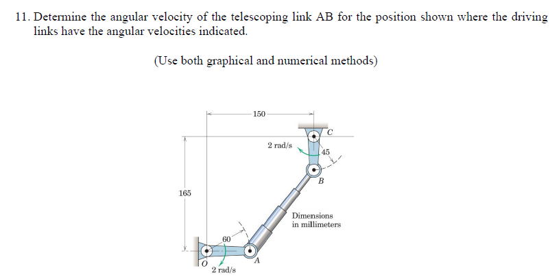 11 determine the angular velocity of the telescoping link a b for the position shown where the ...