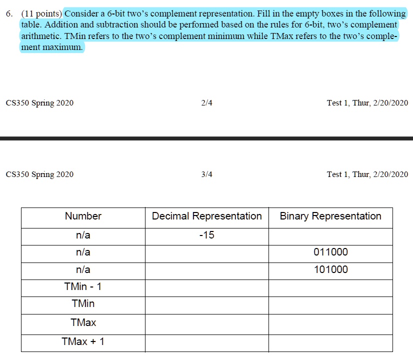 SOLVED: 6. 11 points) Consider a 6-bit two's complement representation. Fill in the empty boxes ...