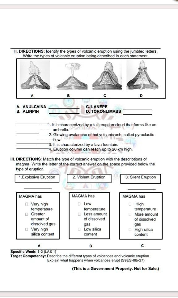 II. DIRECTIONS: Identify the types of volcanic eruption...