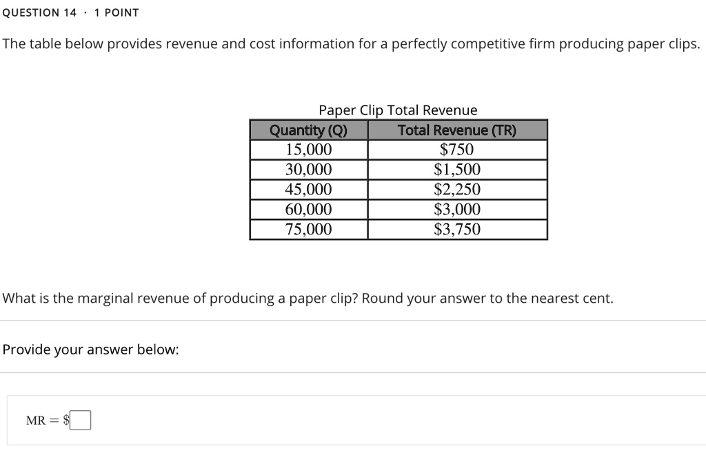 SOLVED: The table below provides revenue and cost information for a perfectly competitive firm ...