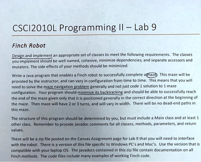 SOLVED: CSCI2010L Programming II - Lab 9 Finch Robot: Design and ...