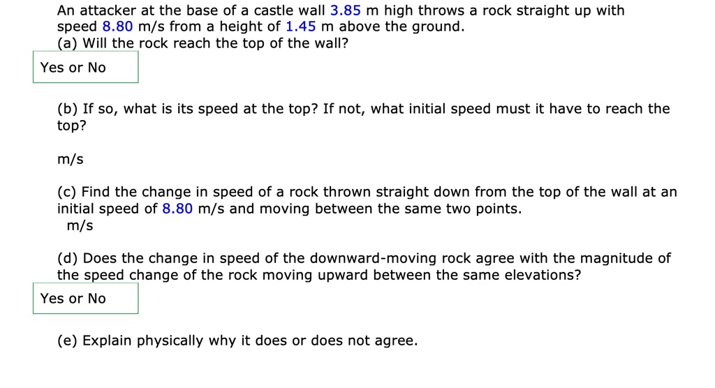 SOLVED: An attacker at the base of a castle wall 3.85 m high throws a rock straight up with ...