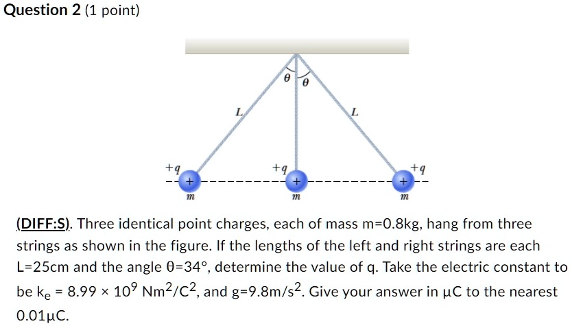 Question 2 (1 point) (DIFF:S). Three identical point charges, each of mass m=0.8kg, hang from ...