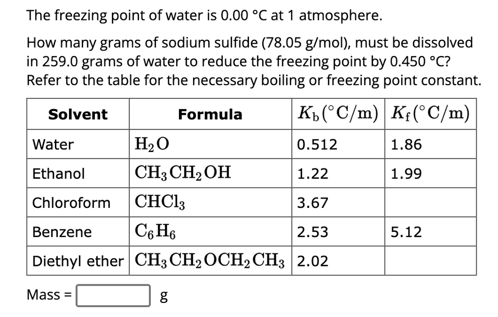 SOLVED: The freezing point of water is 0.00 C at 1 atmosphere How many ...