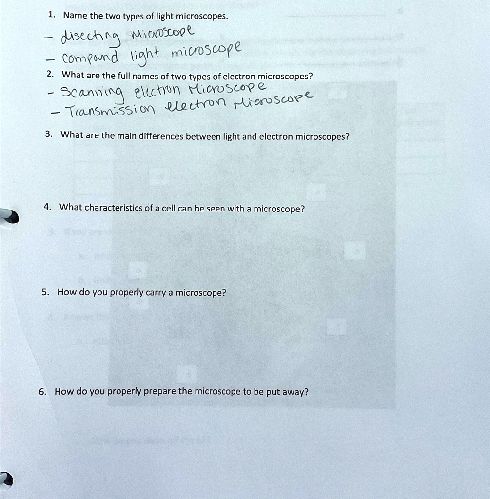 1. Name the two types of light microscopes. disecting microscope ...
