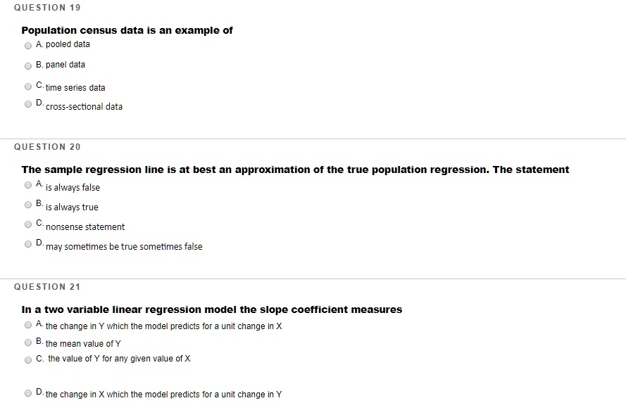 Question 19 Population Census Data Is An Example Of Pooled Data Panel Data Time Series Data