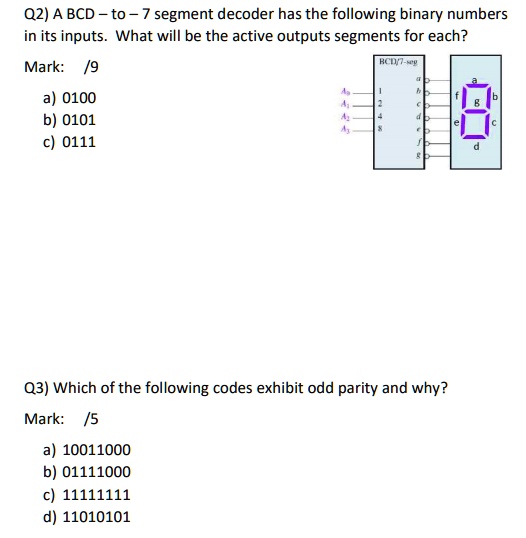 Q2 A Bcd To 7 Segment Decoder Has The Following Binary Numbers In Its Inputs What Will Be The