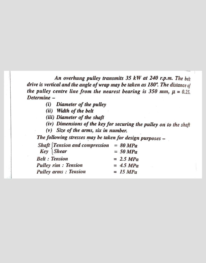 An overhung pulley transmits 35 kW at 240 r.p.m. The belt drive is ...
