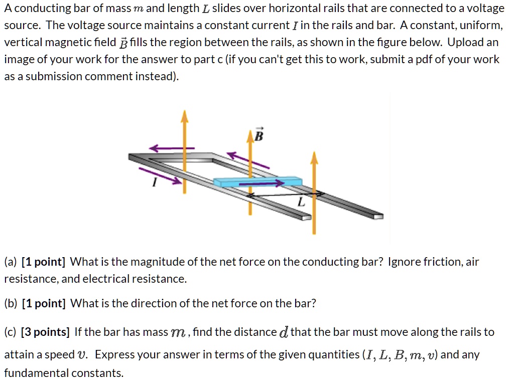 SOLVED: A conducting bar of mass m and length L slides over horizontal rails that are connected ...