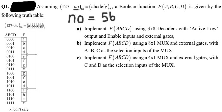 SOLVED: Q1. Assuming (127 - no) = (abedefg), a Boolean function F(A, B, C, D) is given by the ...