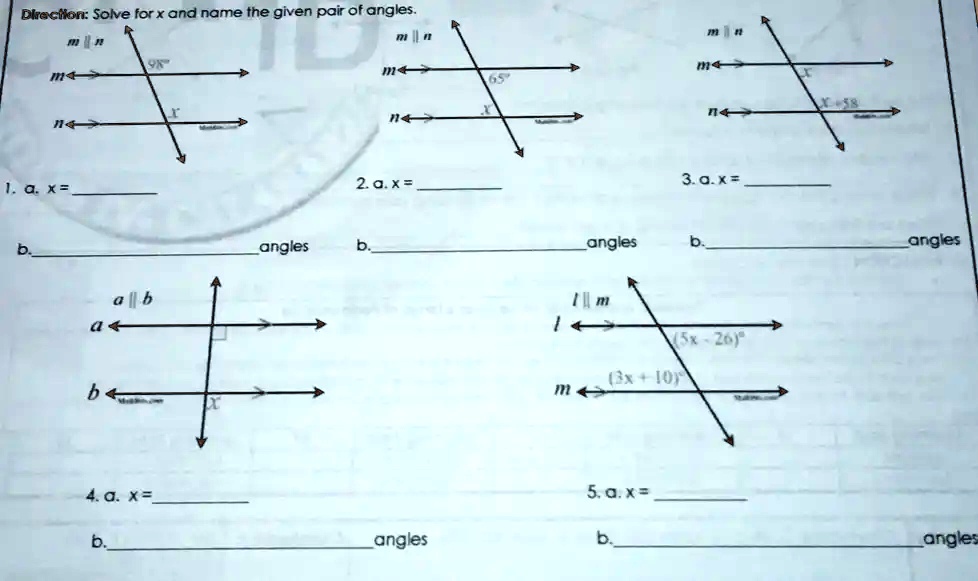 SOLVED: Question: Solve for x and name the given pair of angles. 1. a ...