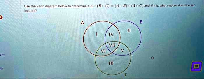SOLVED: Use the Venn diagram below to determine if AnBUC=AnBnAnC and if it is, what regions does ...