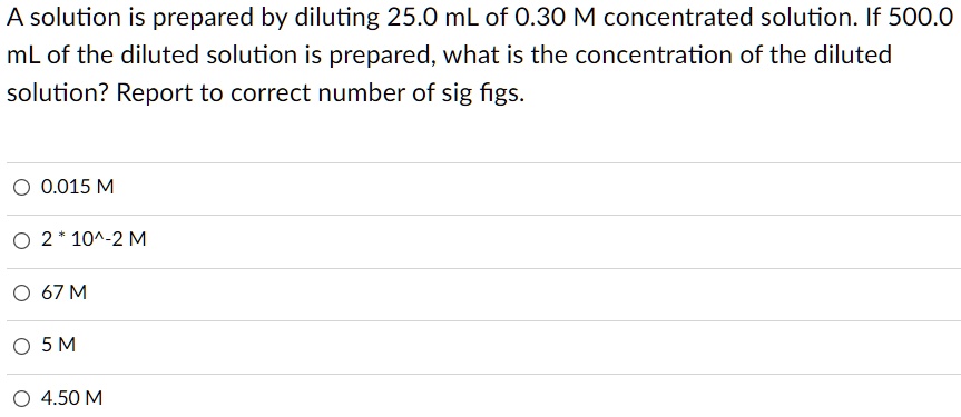 SOLVED: A solution is prepared by diluting 25.0 mL of 0.30 M concentrated solution: If 500.0 mL ...