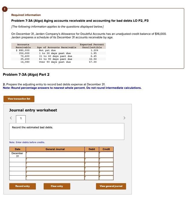Text: Required information Problem 7-3A (Algo) Aging accounts ...