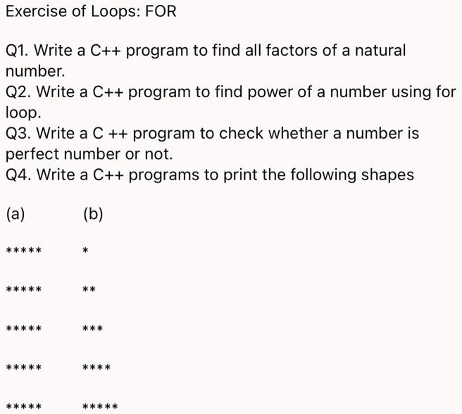 SOLVED: Exercise of Loops:FOR Q1.Write a C++ program to find all ... SOLVED: Exercise of Loops:FOR Q1.Write a C++ program to find all ...