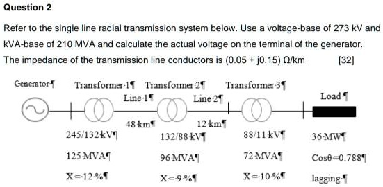 SOLVED: Question 2 Refer to the single line radial transmission system below: Use voltage-base ...