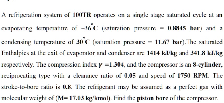 SOLVED: A refrigeration system of 100TR operates on a single stage ...