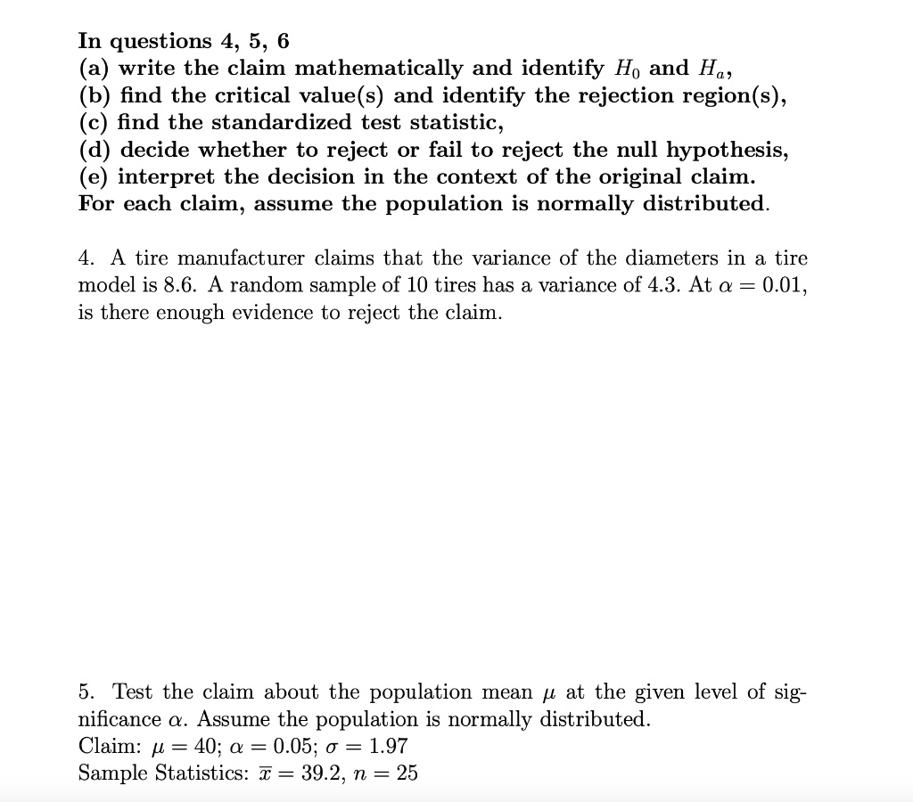 in questions 4 5 6 write the claim mathematically and identify ho and ...