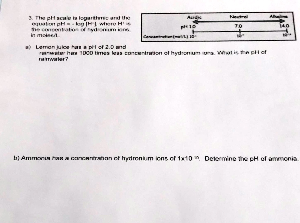 3. The pH scale is logarithmic and the equation pH = -log [H+], where H+ is the concentration of ...