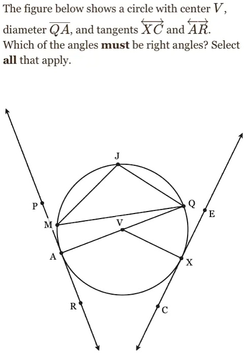 The figure below shows a circle with center V, diameter QA, and ...