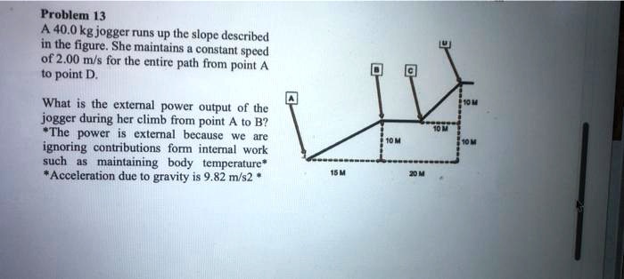 SOLVED: Problem 13 A40.0 kg jogger runs up the slope described in the figure. She maintains ...