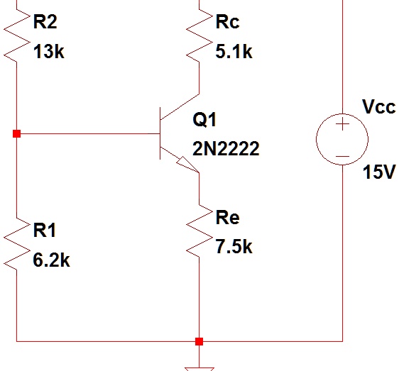 R2 13k Q1 2N2222 Rc 5.1k Re 7.5k R1 6.2k Vcc 15V
