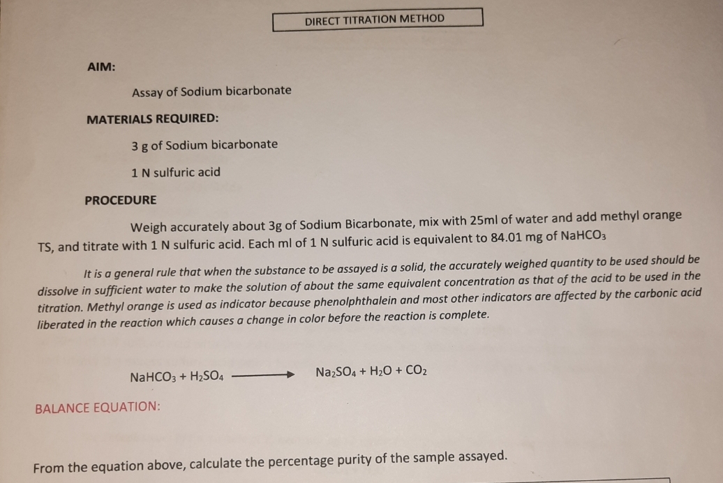 Sodium Bicarbonate Assay Titration Calculation at Patrice Hassinger blog