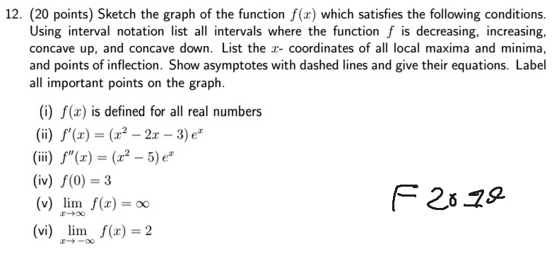 SOLVED: 12 (20 points) Sketch the graph of the function f(x) which satisfies the following ...
