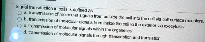 SOLVED: Signal transduction in cells is defined as transmission of molecular signals from b ...