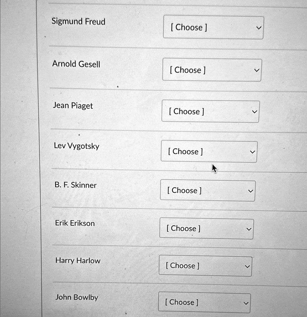 SOLVED: Sigmund Freud Arnold Gesell Jean Piaget Lev Vygotsky B. F ... SOLVED: Sigmund Freud Arnold Gesell Jean Piaget Lev Vygotsky B. F ...