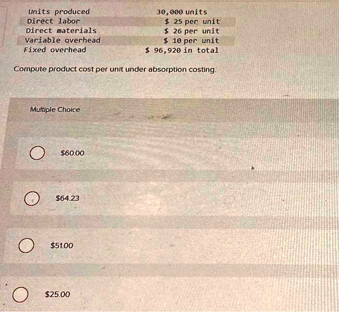 Units produced 30,000 units Direct labor 25 per unit Direct materials ...