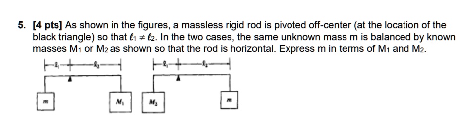 SOLVED: As shown in the figures, a massless rigid rod is pivoted off-center (at the location of ...