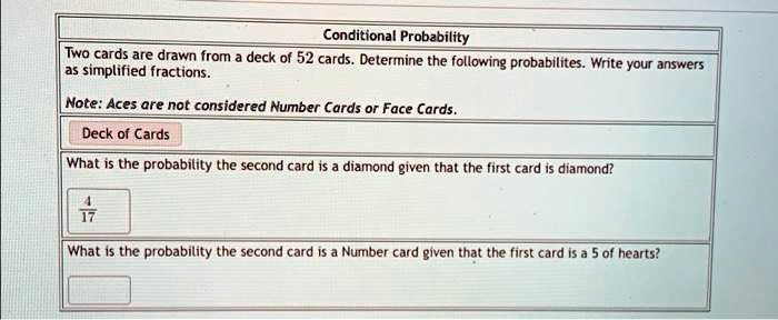 SOLVED: Conditional Probability Two cards are drawn from a deck of 52 ...