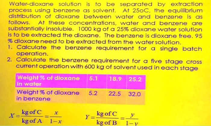 Water-dioxane solution is to be separated by extraction process using ...