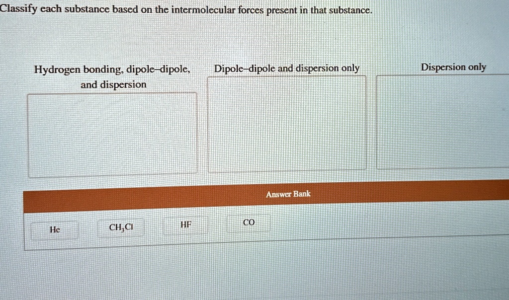 Classify each substance based on the intermolecular forces present in ...