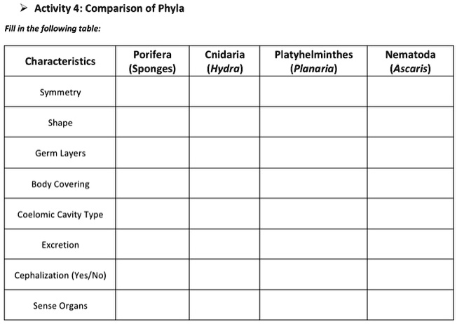 SOLVED: Activity 4: Comparison of Phyla Fill in the following table: Porifera (Sponges) Cnidaria ...