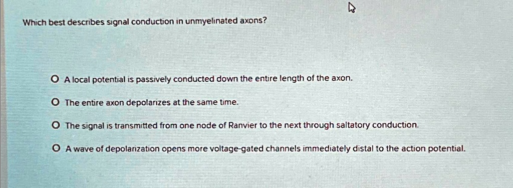 SOLVED: Which best describes signal conduction in unmyelinated axons? A ...