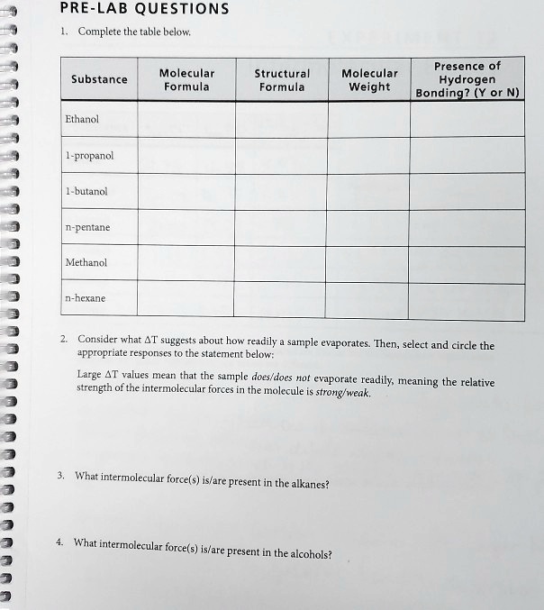 pre lab questions complete the table below presence of hydrogen ...