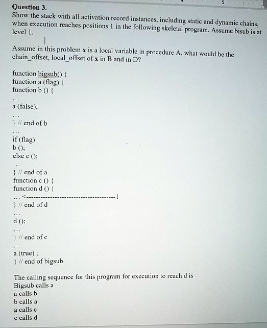 SOLVED: Question 3. Show the stack with all activation record instances, including static and ...